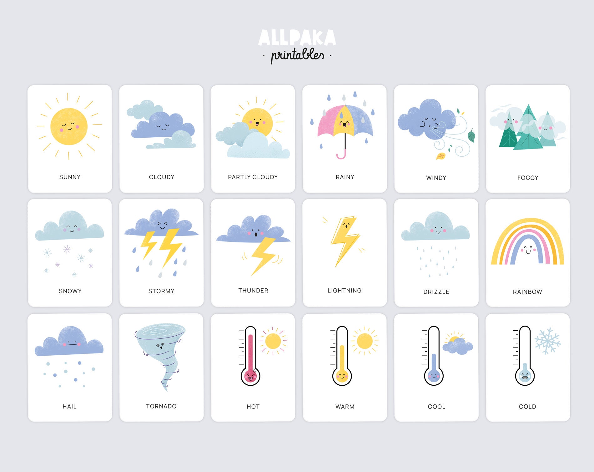 18 Weather Cards, Montessori Flashcards, Pre-school Cards, Educational ...
