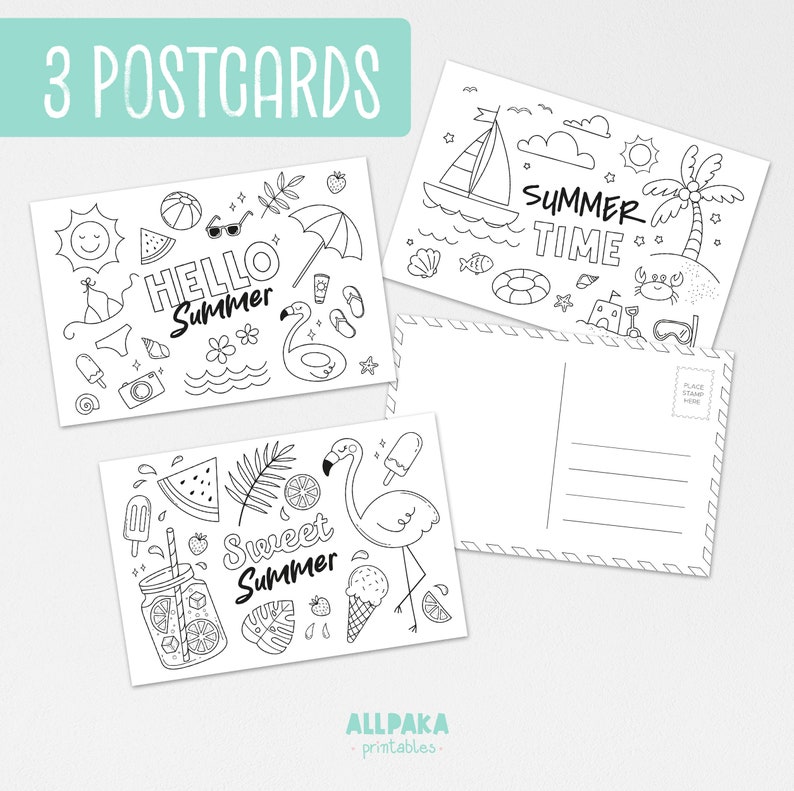 Summer Coloring Pages, Coloring Postcards With Stamps, Printable for ...