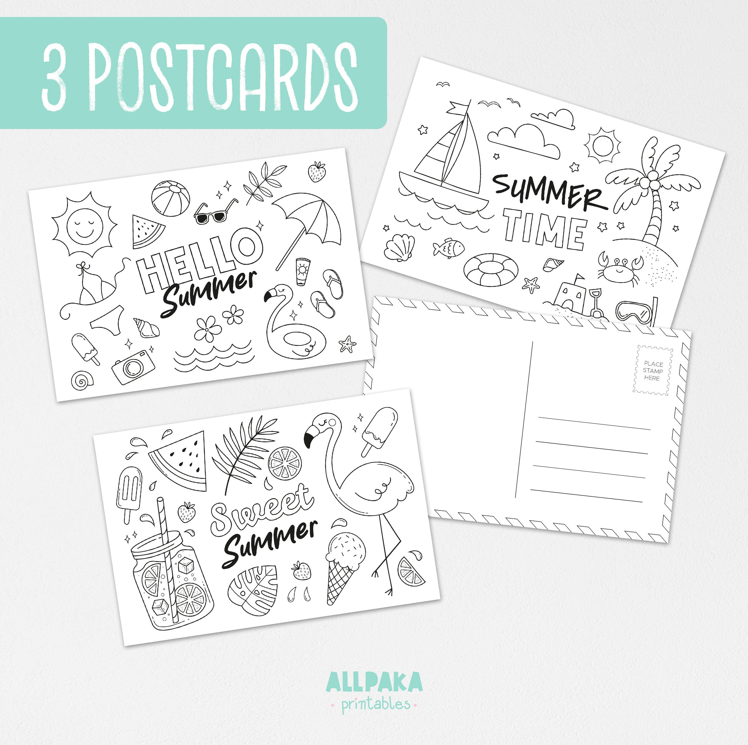Summer Coloring Pages, Coloring Postcards With Stamps, Printable for ...