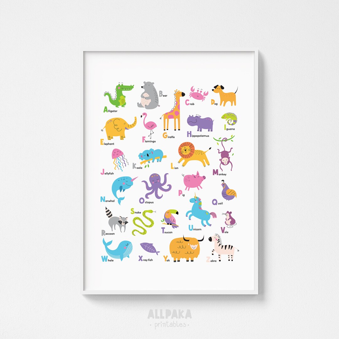 Animal Alphabet Poster, Vibrant Colors, ABC Poster, Nursery Decor, Kid ...