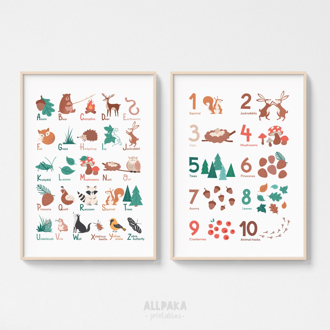 Woodland Alphabet and Numbers Set of 2 Posters, Nursery Decor, Kids ...