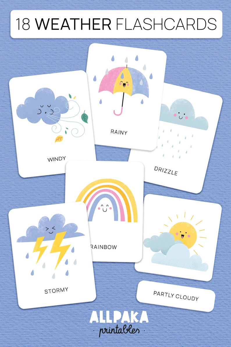 18 Weather Cards, Montessori Flashcards, Pre-school Cards, Educational ...
