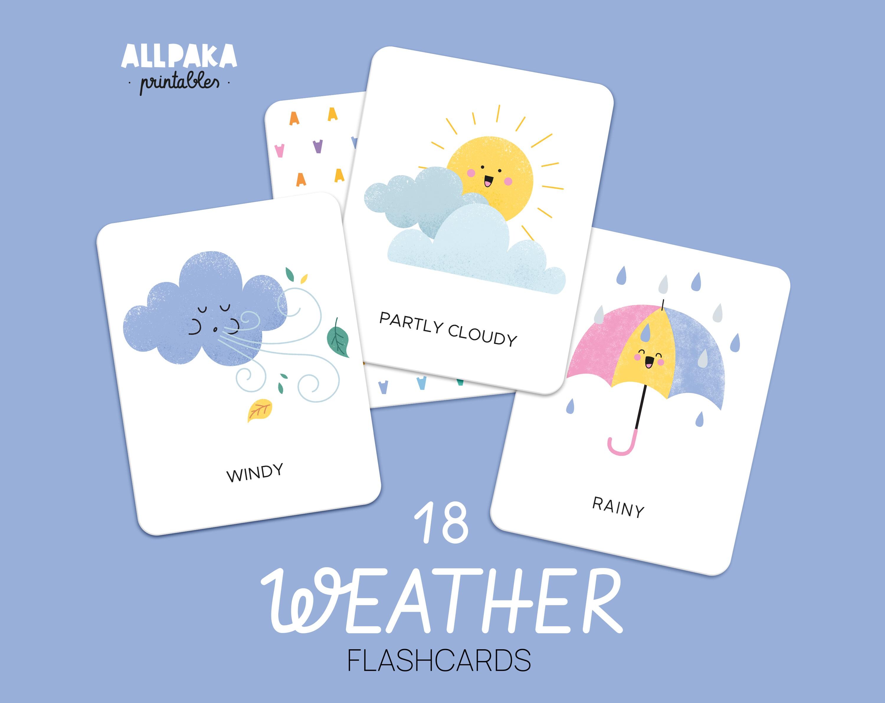 18 Weather Cards, Montessori Flashcards, Pre-school Cards, Educational ...