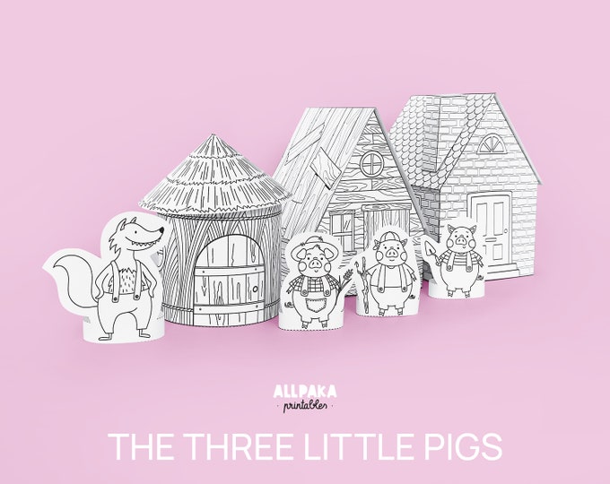 Paper Puppets Set, Three Little Pigs, Fairy Tale, Printable, Coloring ...