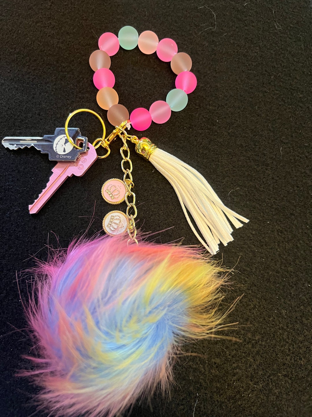 Wristlet Keychain With Charms and Furry Pom Pom. Fun and Fancy and an ...