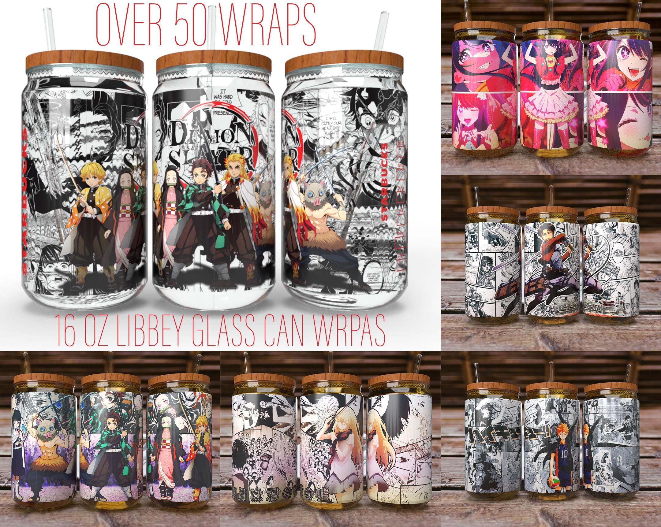 50 Designs | Anime 16 Oz Glass Can Wrap | Libbey Glass Cup Wrap PNG ...