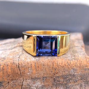 14k Solid Gold Sapphire Engagement Ring for Man, 8mm Square Cut Blue ...