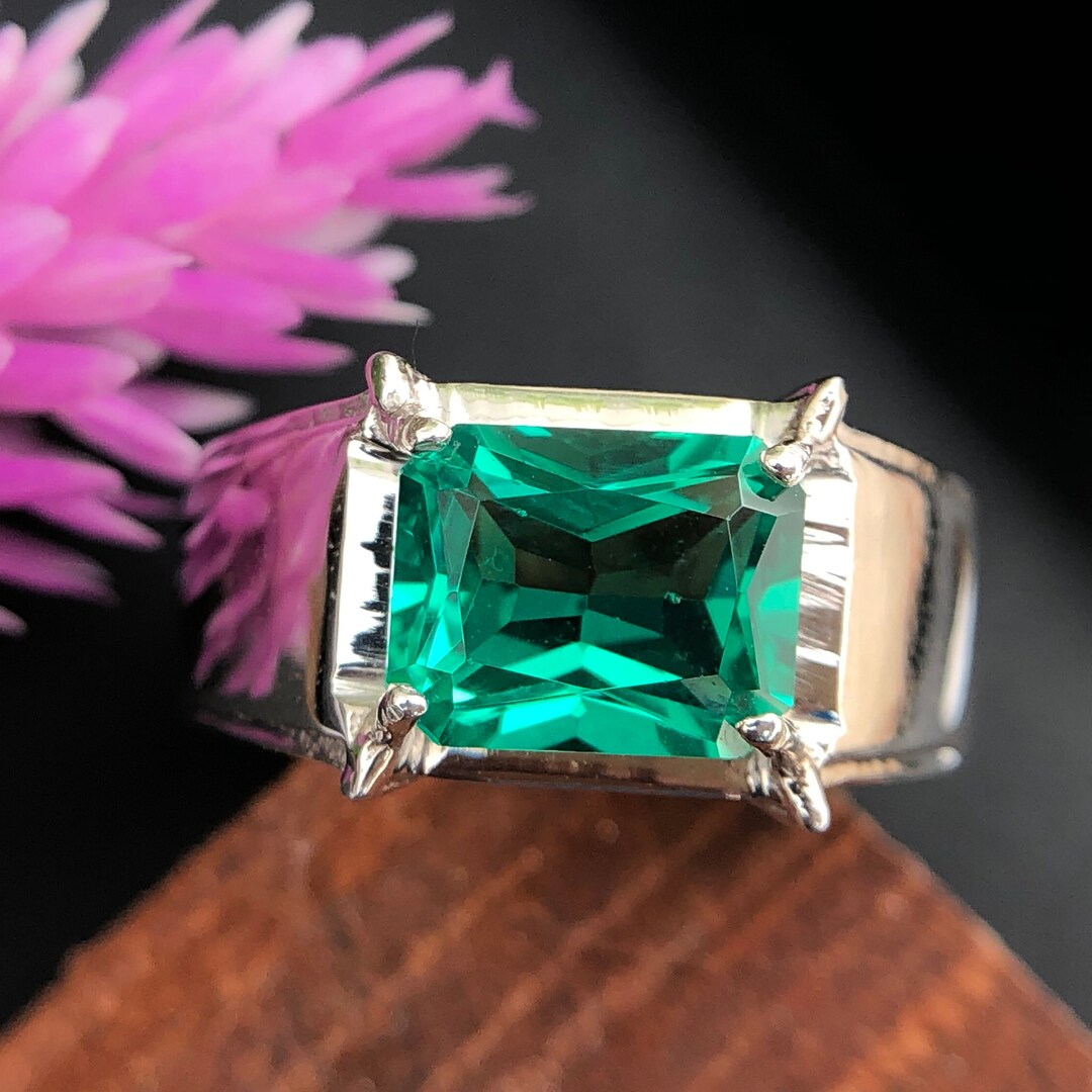 925 Sterling Silver Emerald Engagement Ring for Men Wedding Gift 7x9mm ...