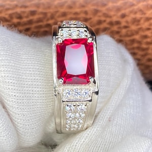 Ruby Ring,14k Solid Gold Engagement Ring for Mens,7x9mm 4ct Princess ...