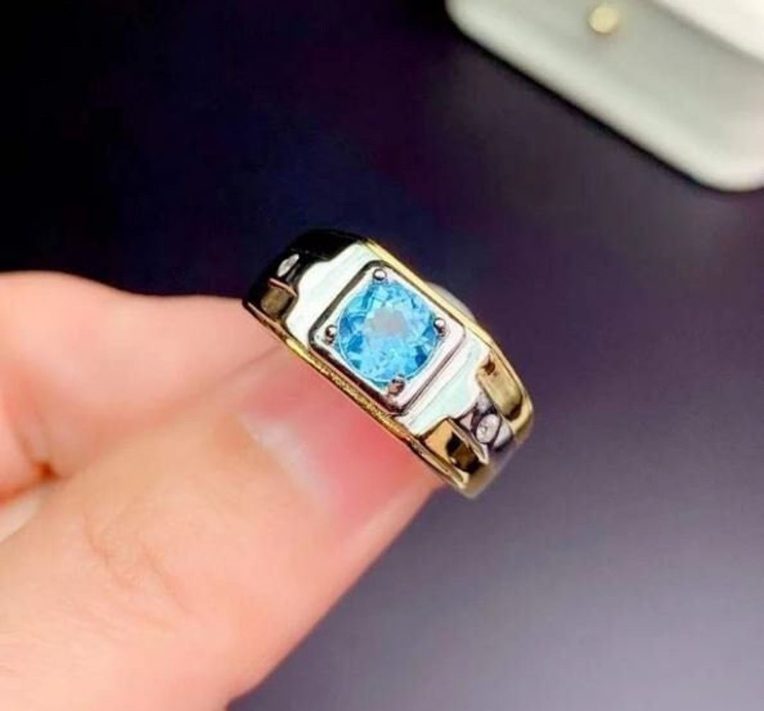 Blue Topaz Mens Ring, 14k Solid Gold Topaz Engagement Ring for Men, 6mm ...