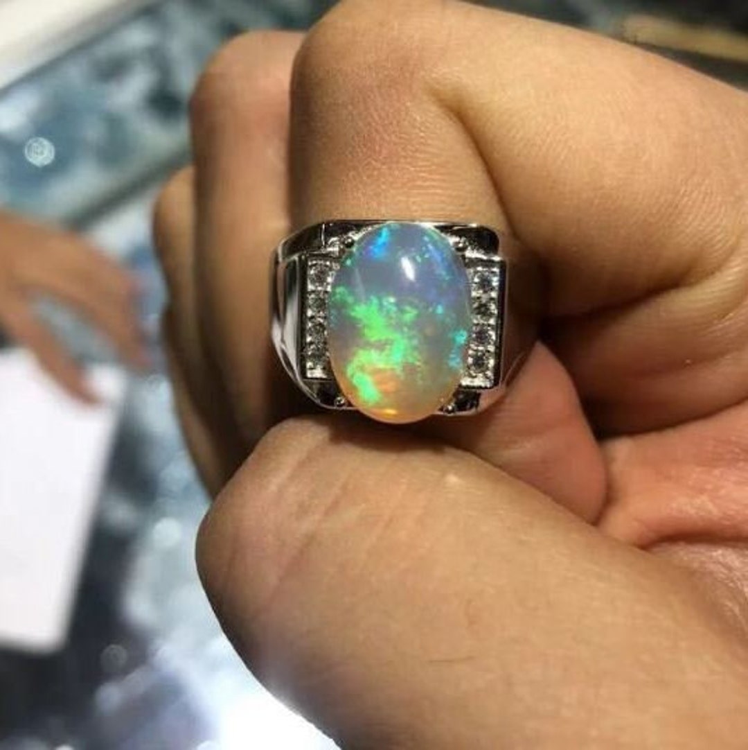 Opal Men's Ring,925 Sterling Silver Natural Opal Engagement Ring for Man,10x12mm 5ct Fire Opal ...