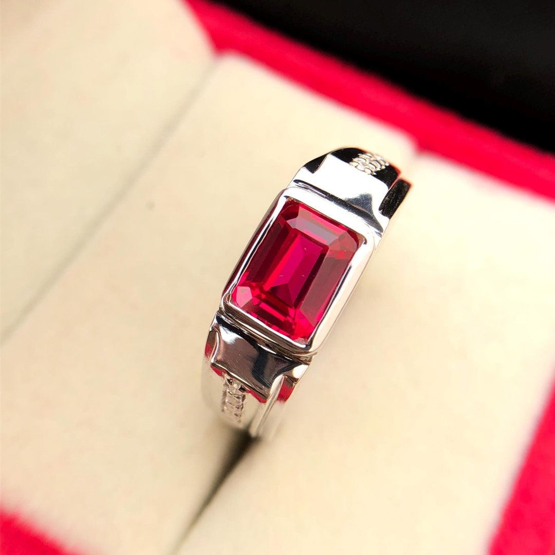 Mens Ruby Ring, 925 Sterling Silver Ruby Engagement Ring , 6x8mm ...