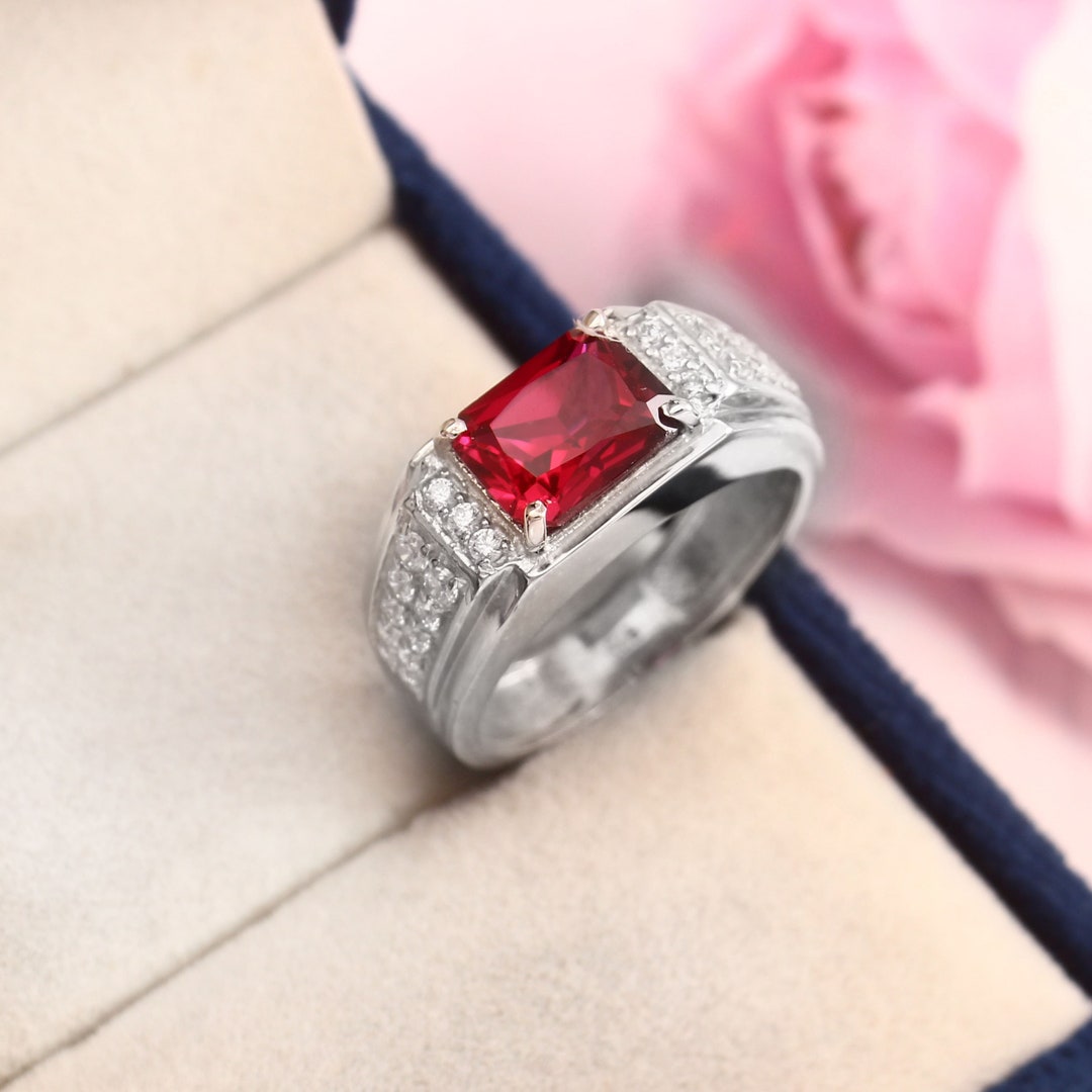Ruby Mens Ring, 925 Sterling Silver Ruby Engagement Ring for Man, 3ct ...