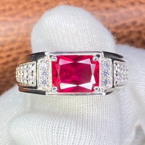 Ruby Ring,14k Solid Gold Engagement Ring for Mens,7x9mm 4ct Princess ...