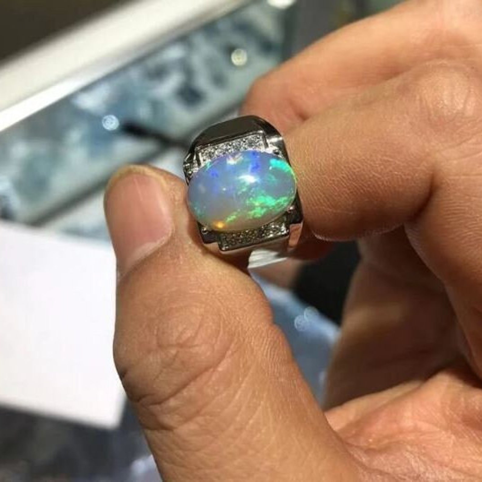 Opal Men's Ring,925 Sterling Silver Natural Opal Engagement Ring for ...