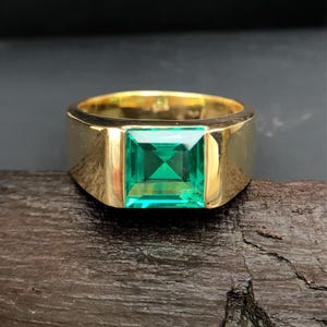 14k Solid Gold Emerald Ring for Man, Engagement Wedding Band for Man ,8mm Square Cut Green ...