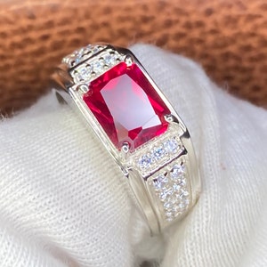 Ruby Ring,14k Solid Gold Engagement Ring for Mens,7x9mm 4ct Princess ...