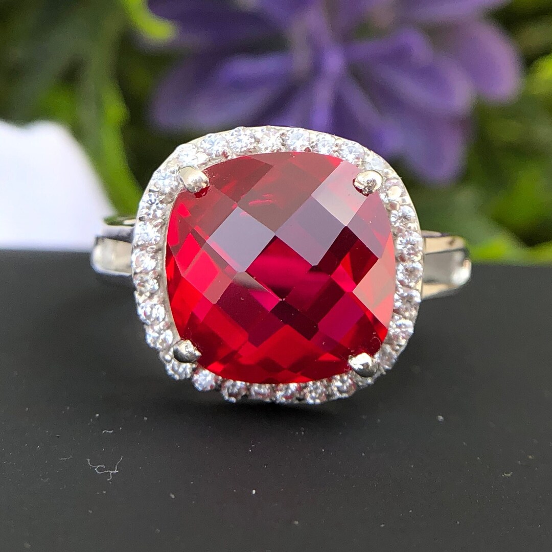 Ruby Ring, Sterling Silver Ruby Engagement Ring for Women, 8ct Cushion ...