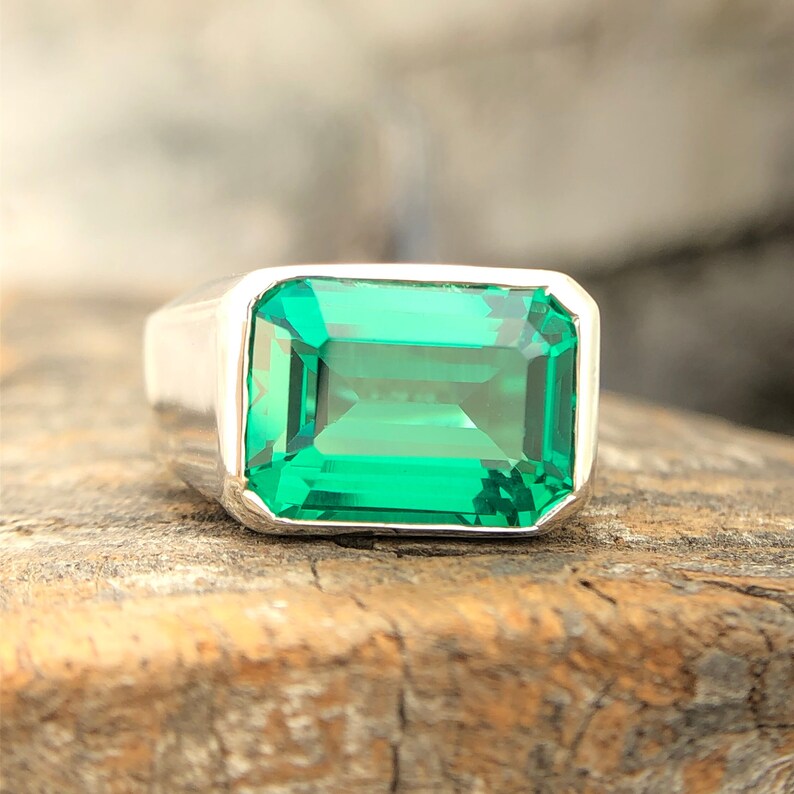 8ct Emerald Ring Mens, 925 Sterling Silver Emerald Engagement Ring for ...
