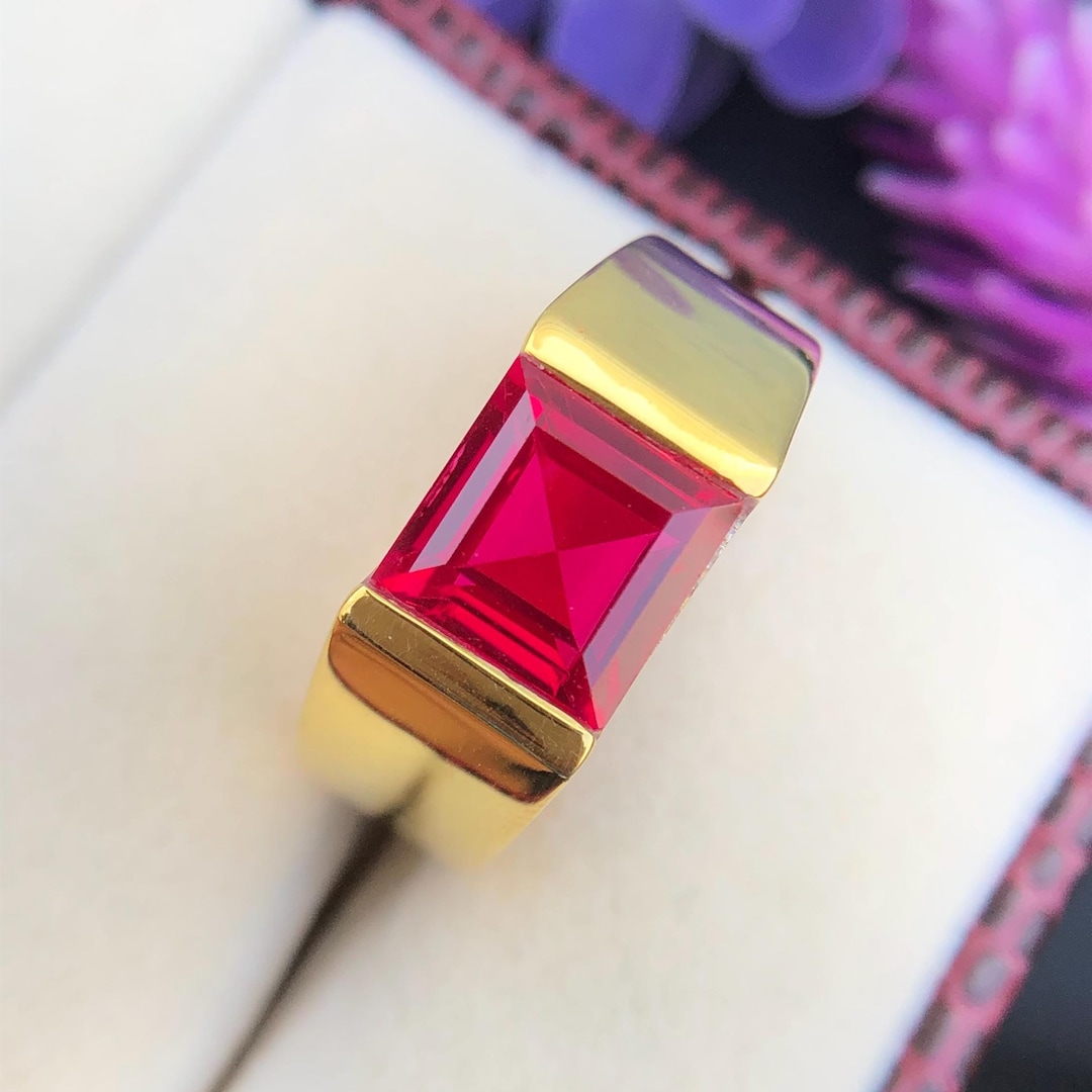 14k Solid Gold Ruby Engagement Ring for Men,8mm 4ct Red Gemstone July Birthstone Men's Wedding ...