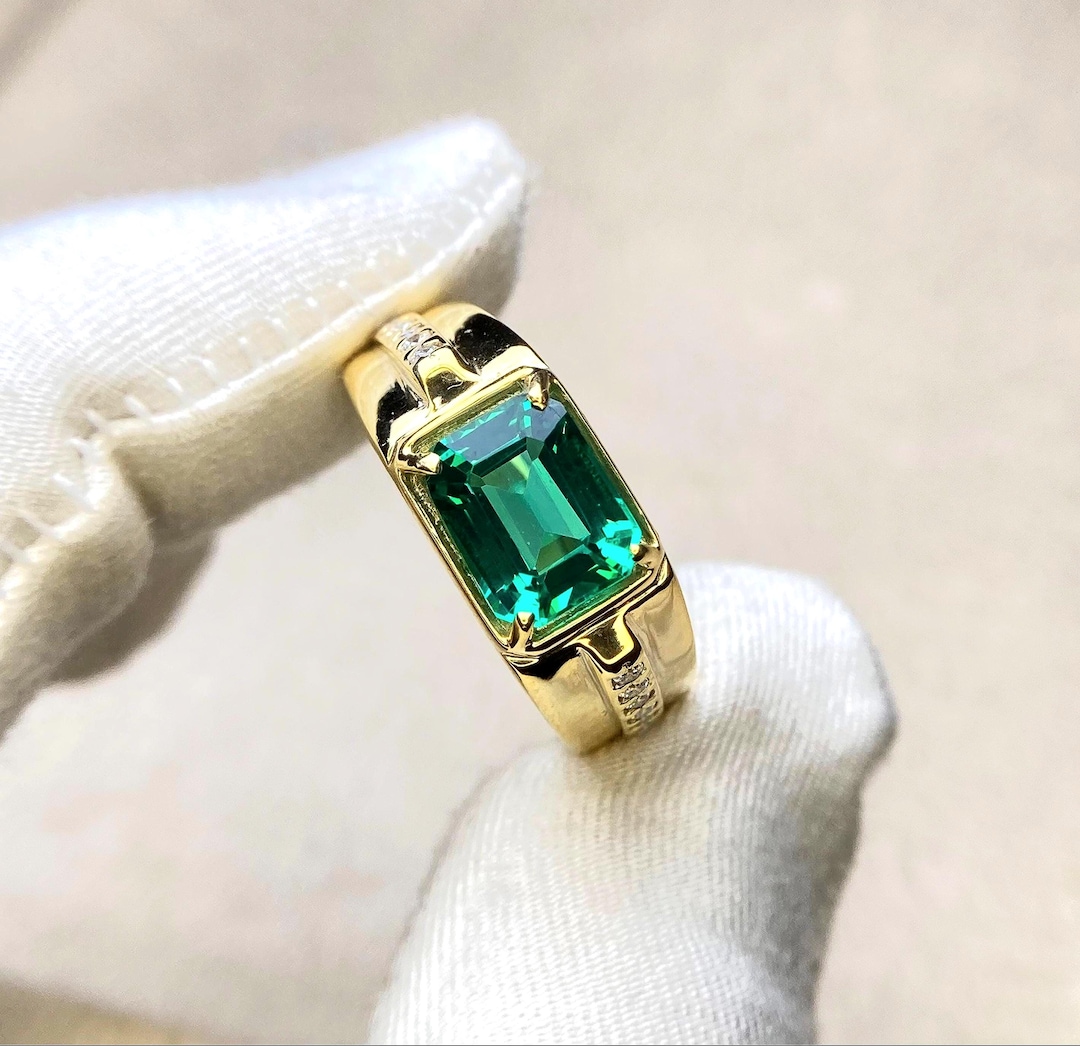 Buy 14k Solid Gold Emerald Wedding Ring for Men, 3ct Emerald Cut, May ...