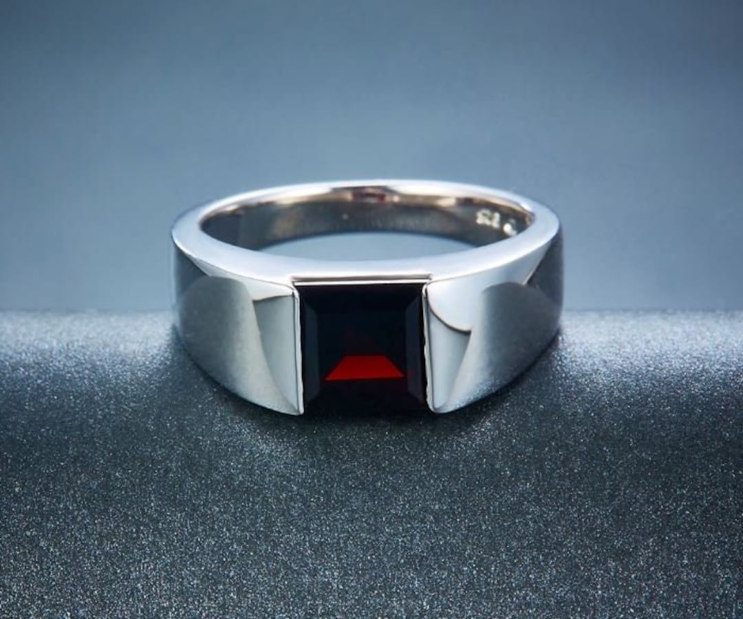 Mens Garnet Ring, 14k Solid Gold Garnet Engagement Ring for Men, Signet ...