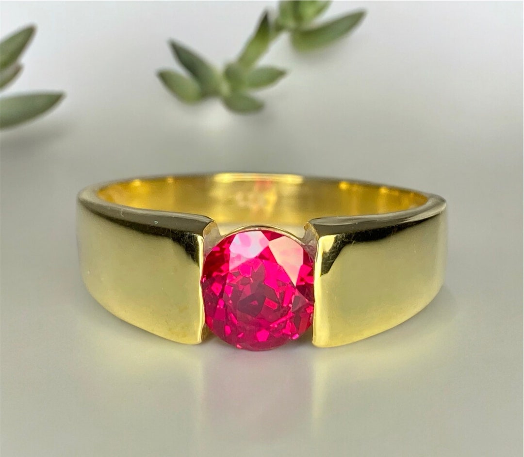 14k Solid Gold Ruby Wedding Band for Man, Ruby Engagement Ring for Men ...