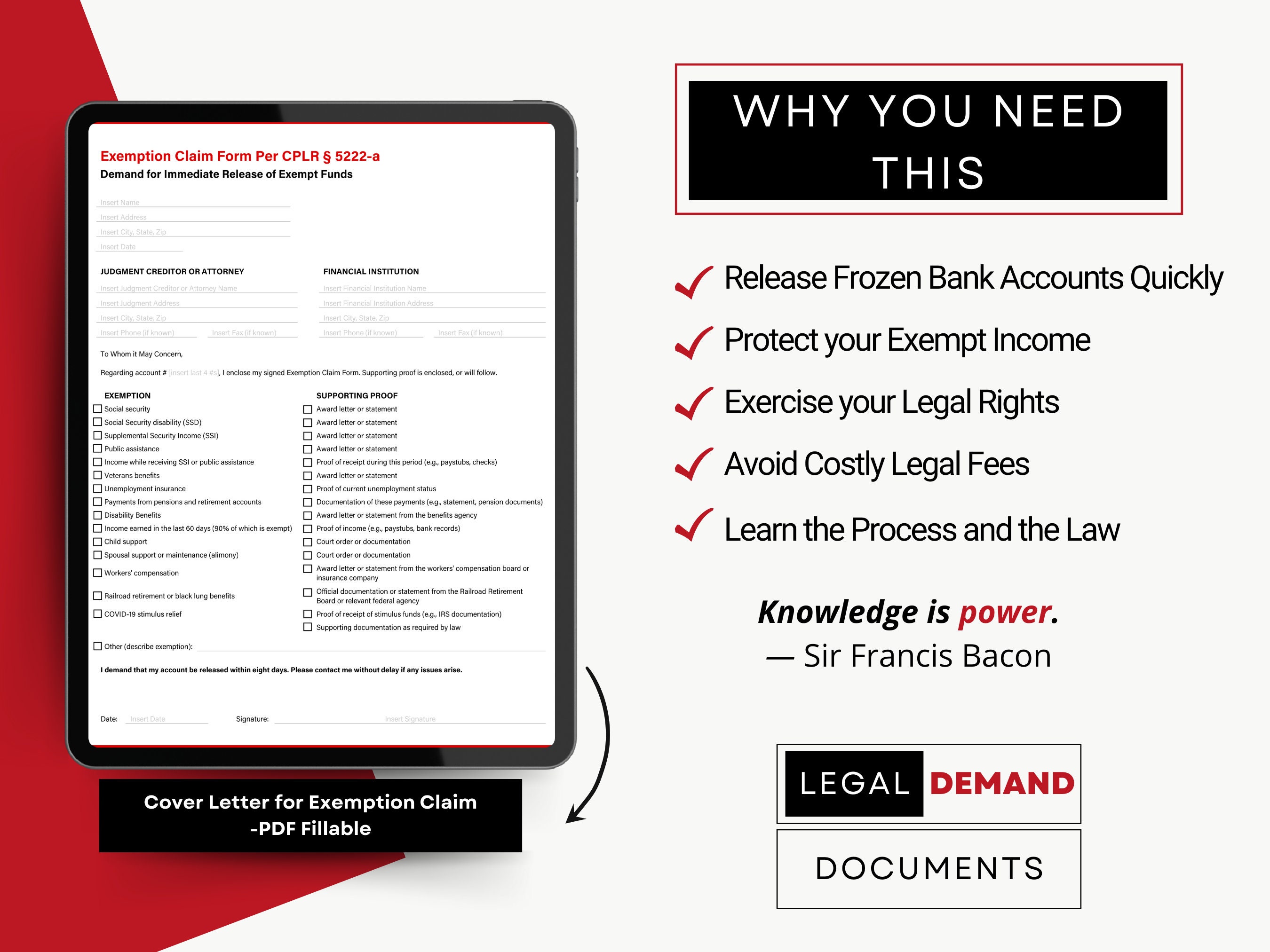 Exemption Claim Form Kit to Release Bank Hold of Exempt Money ...