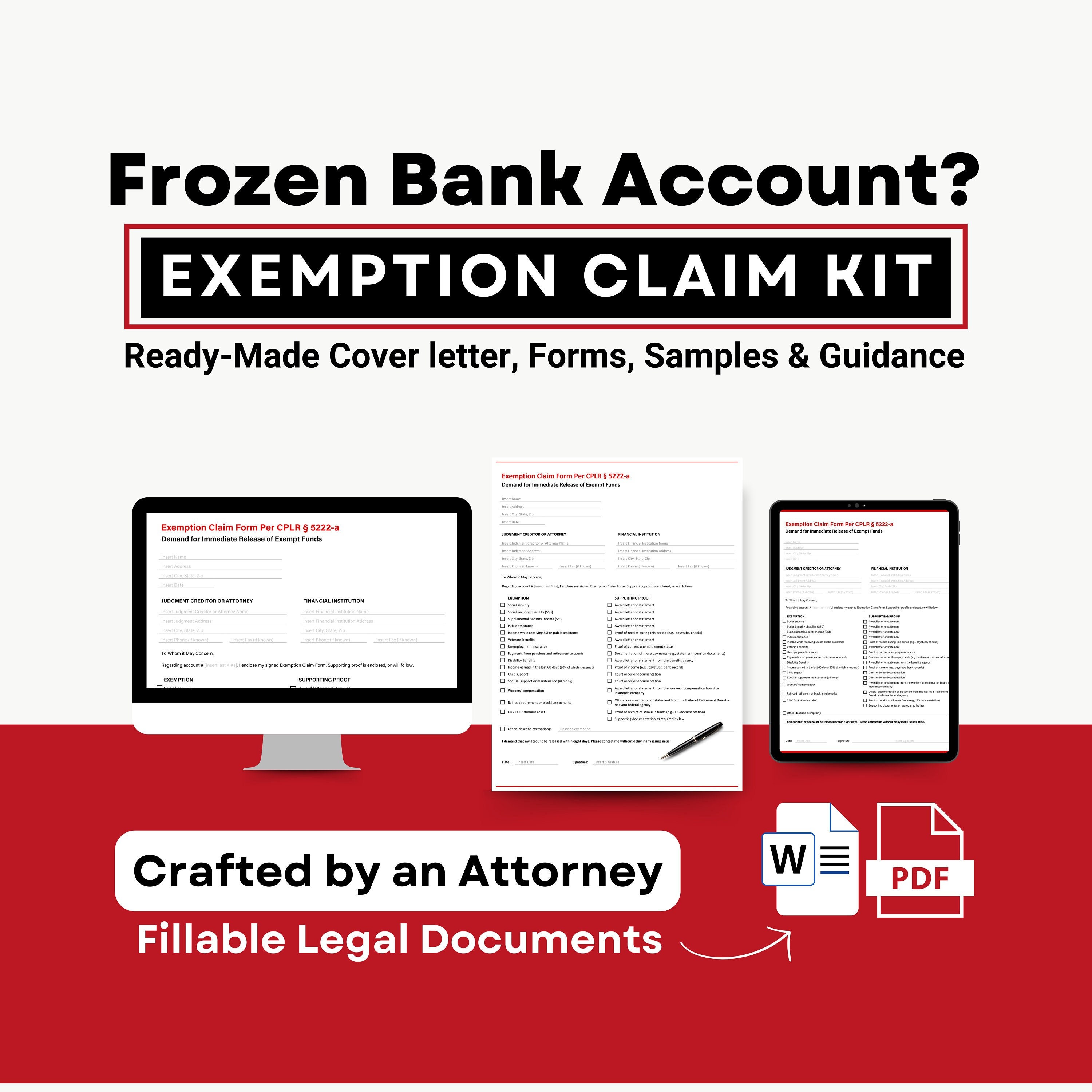 Exemption Claim Form Kit to Release Bank Hold of Exempt Money - Fillable Legal Document, New ...
