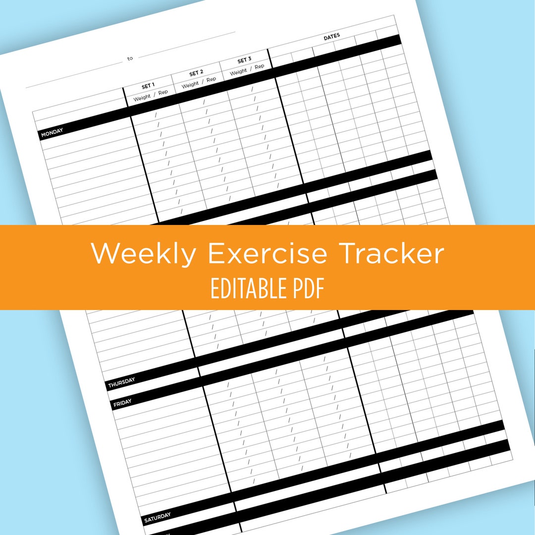 Weekly Exercise Tracker, Weights & Cardio, Editable PDF, Compact Single ...