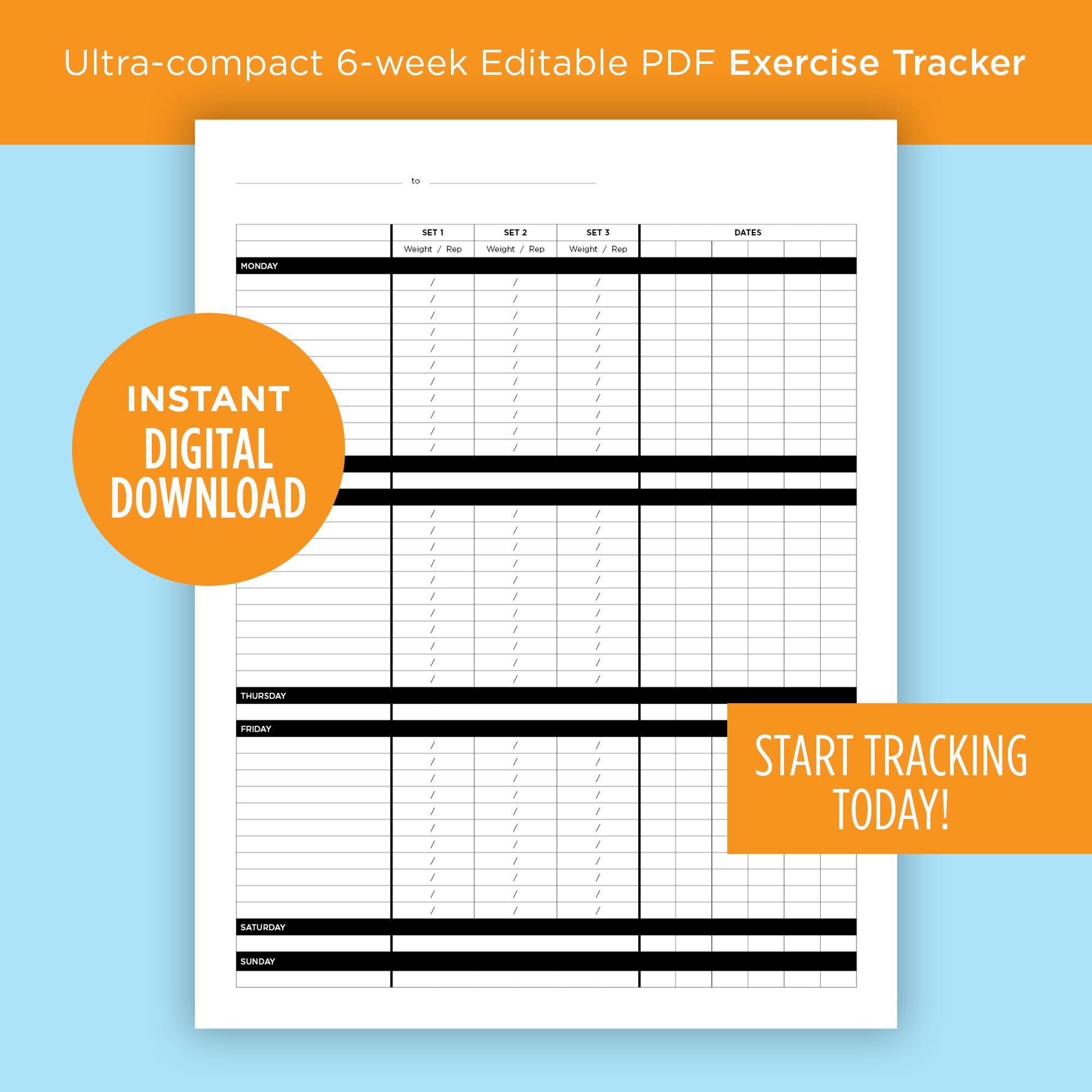 Weekly Exercise Tracker, Weights & Cardio, Editable PDF, Compact Single ...