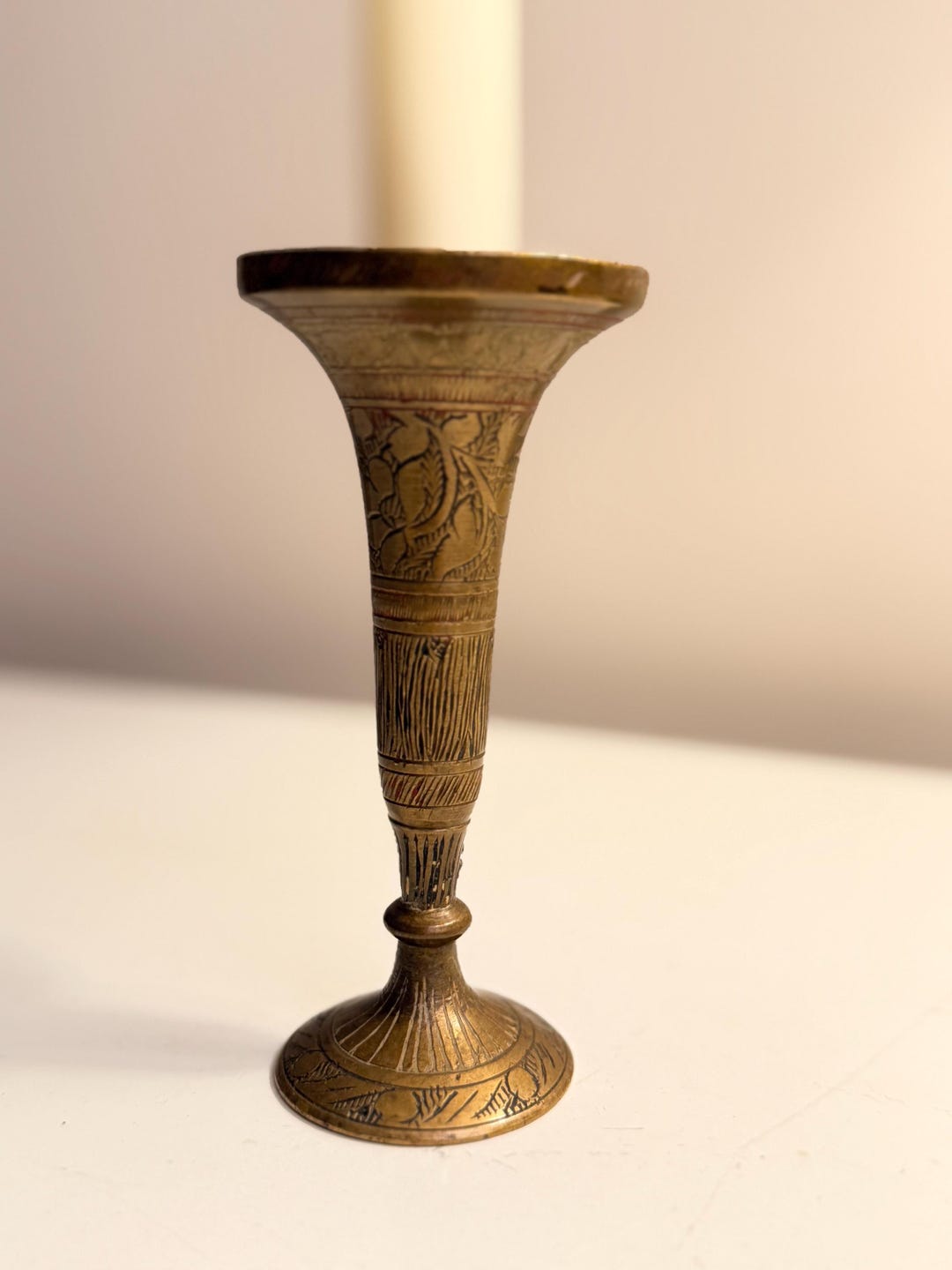 Vintage Short Brass Fluted Candlestick With Fine Etching - Etsy