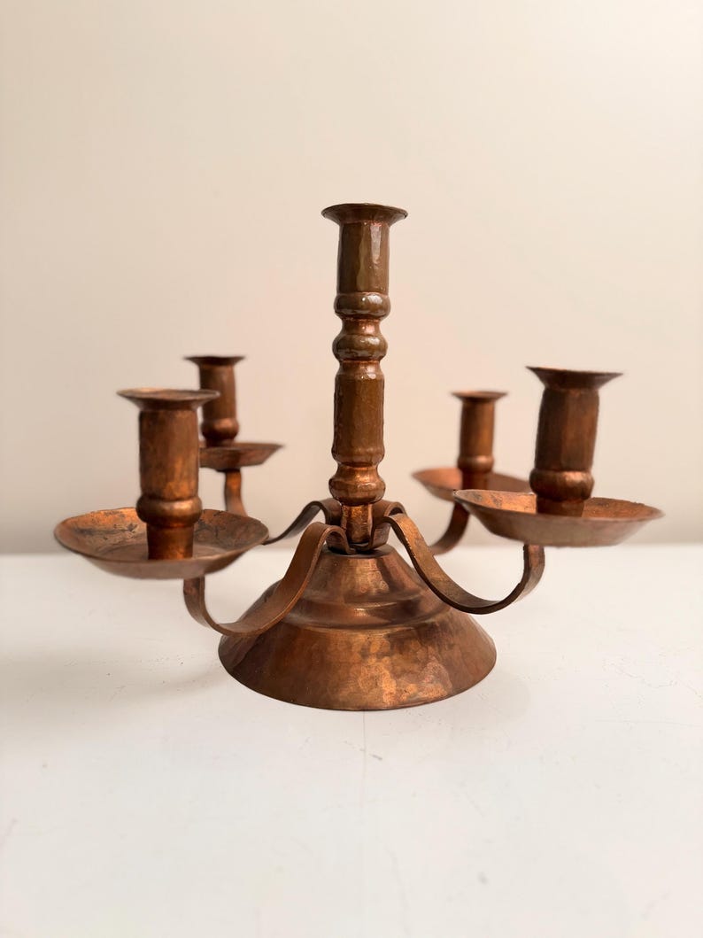 Vintage Copper 5-arm Candelabra / Hammered Copper Candleholder / Table ...