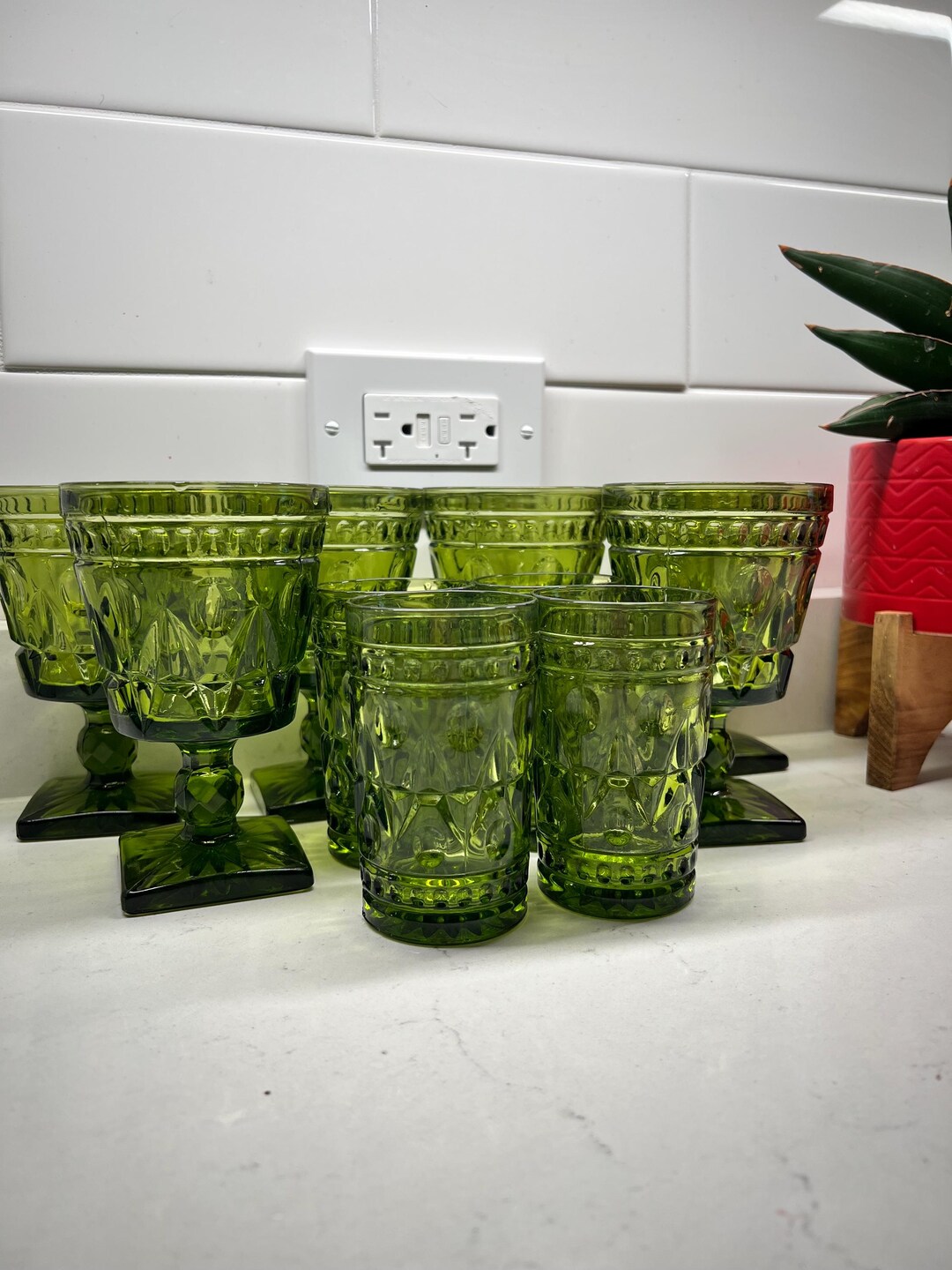 Vintage Indiana Glass Olive Green Glassware Set - 6 Goblets, 4 Small ...