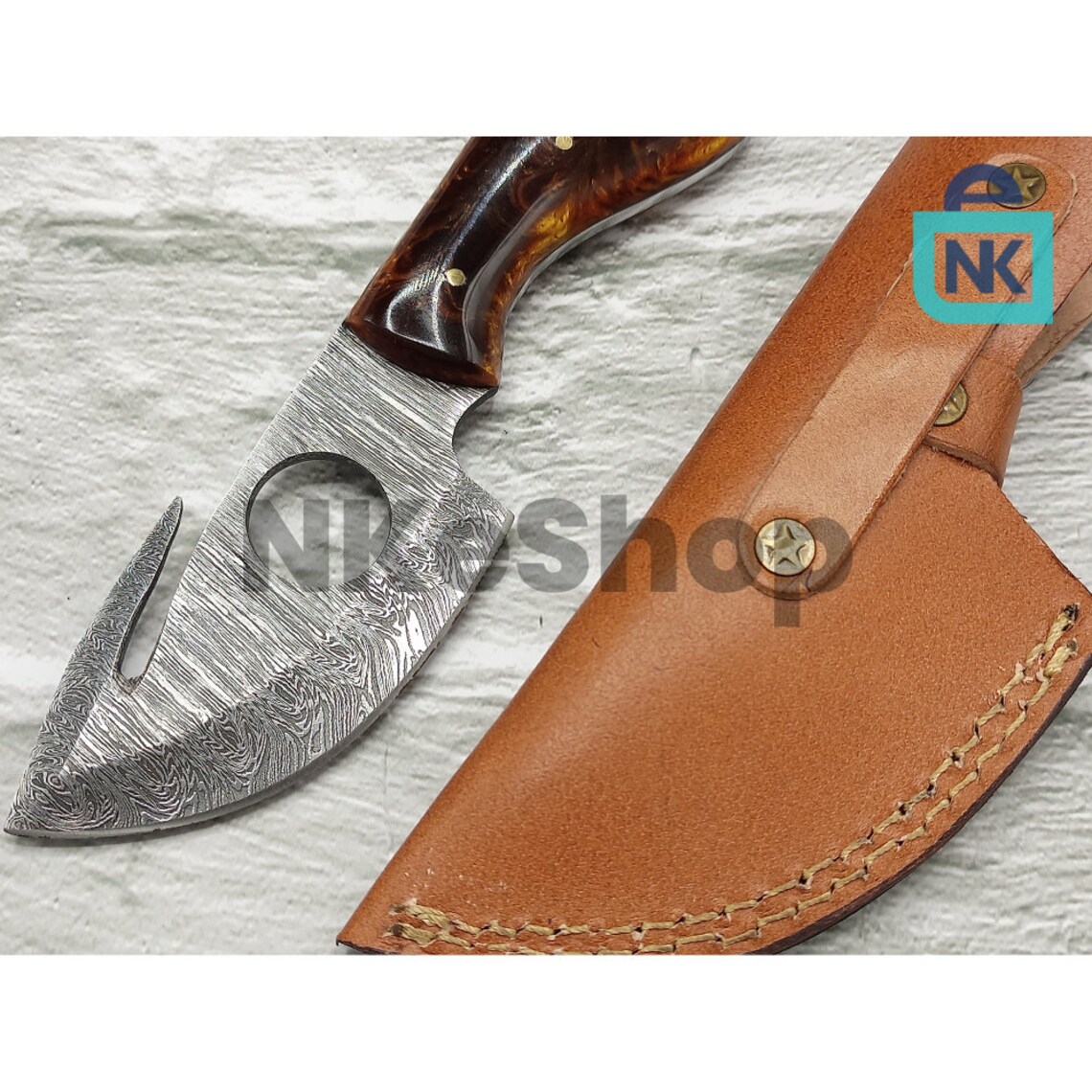 Finger Hole Gut Hook Skinner Knife, Damascus Knife Hand Forged Knife ...