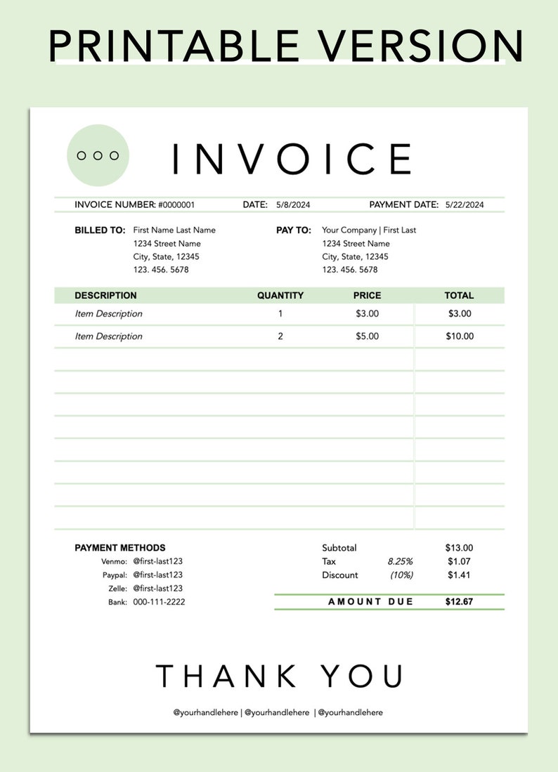Invoice Template Goods & Service Tracker Small Business Automatic Calculations Instant Download ...