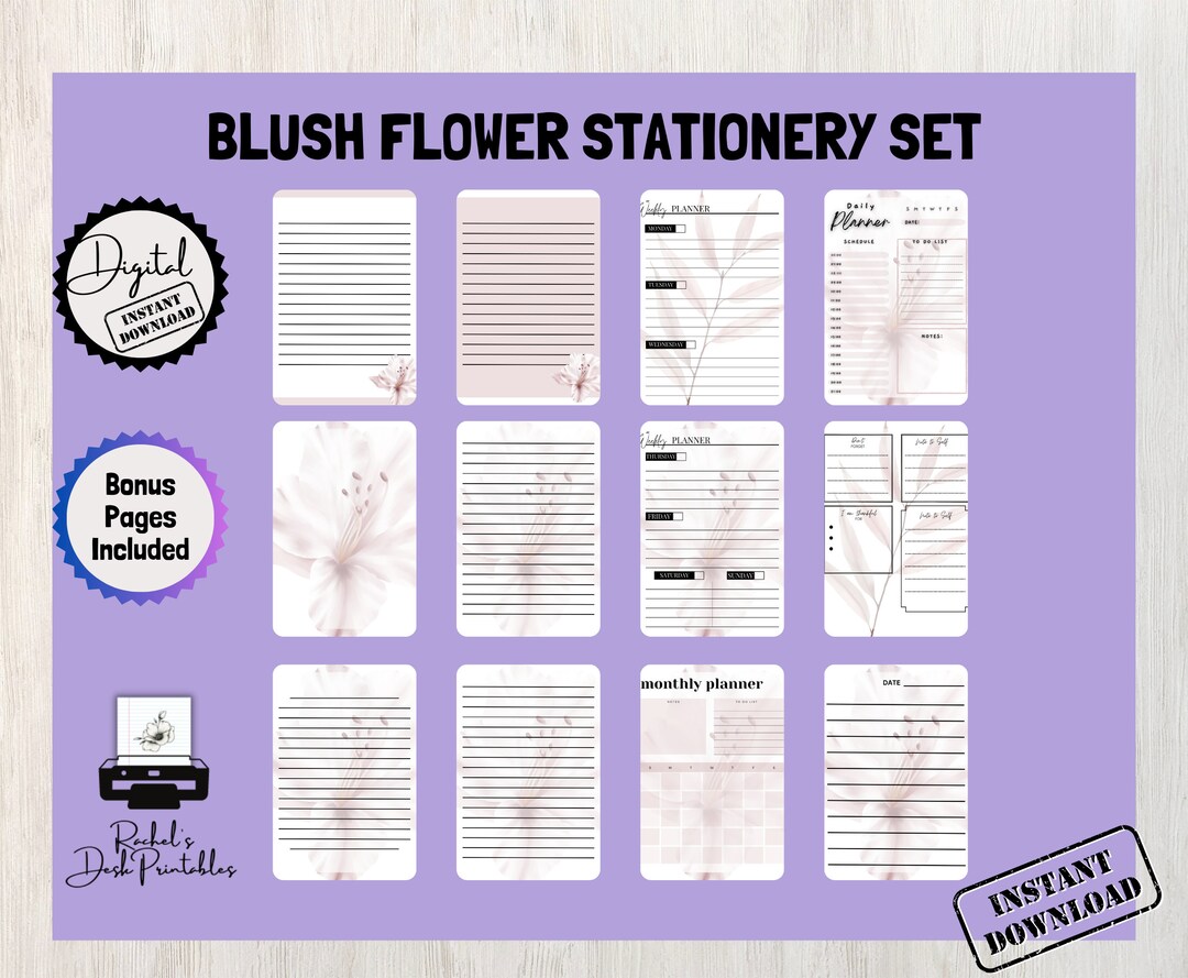 Printable Blush Flower Set of 12 Stationery Nature-inspired Designs ...