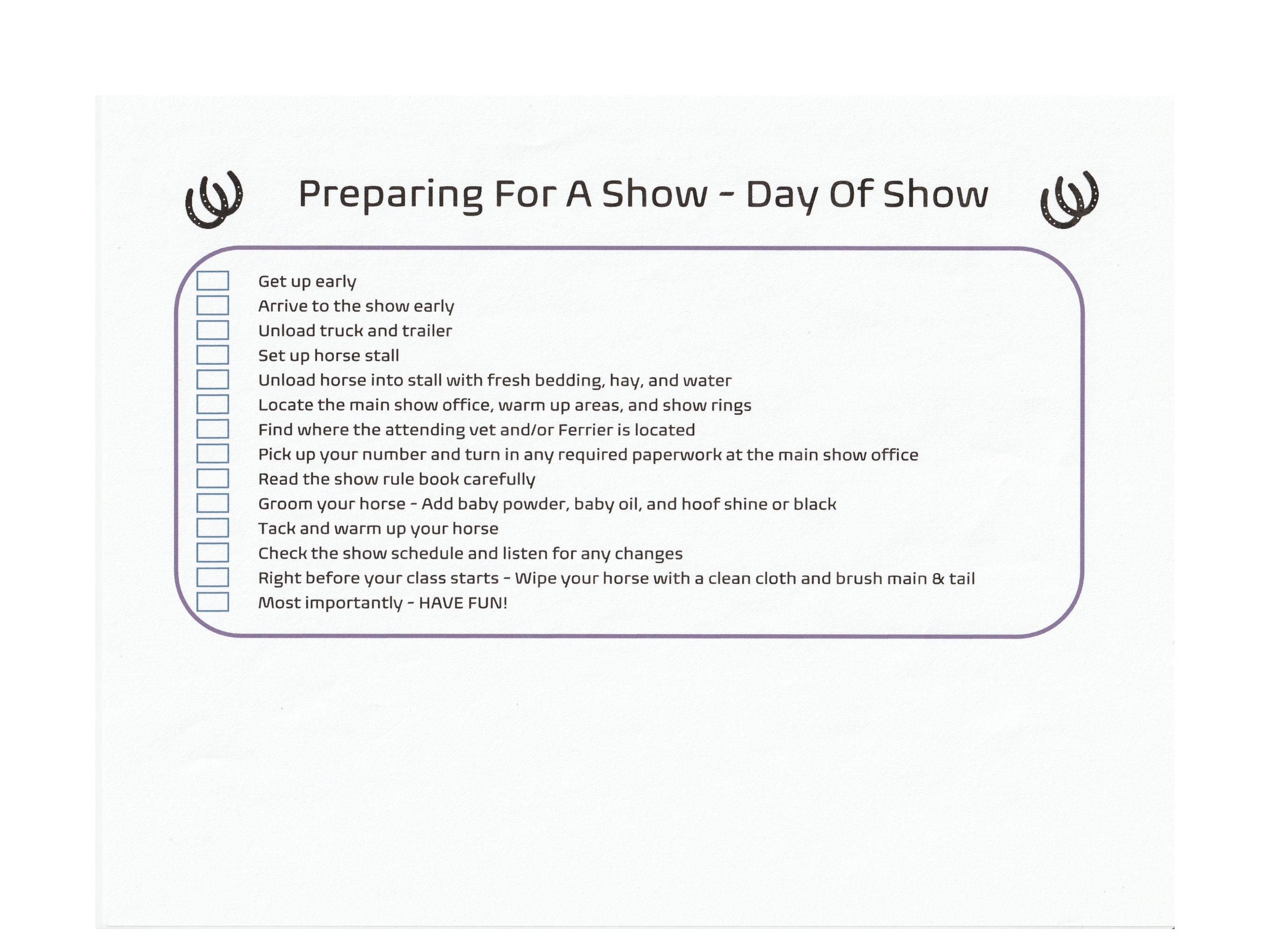 Horse Show Preparation Checklist Equestrian Event Preparation Horse ...