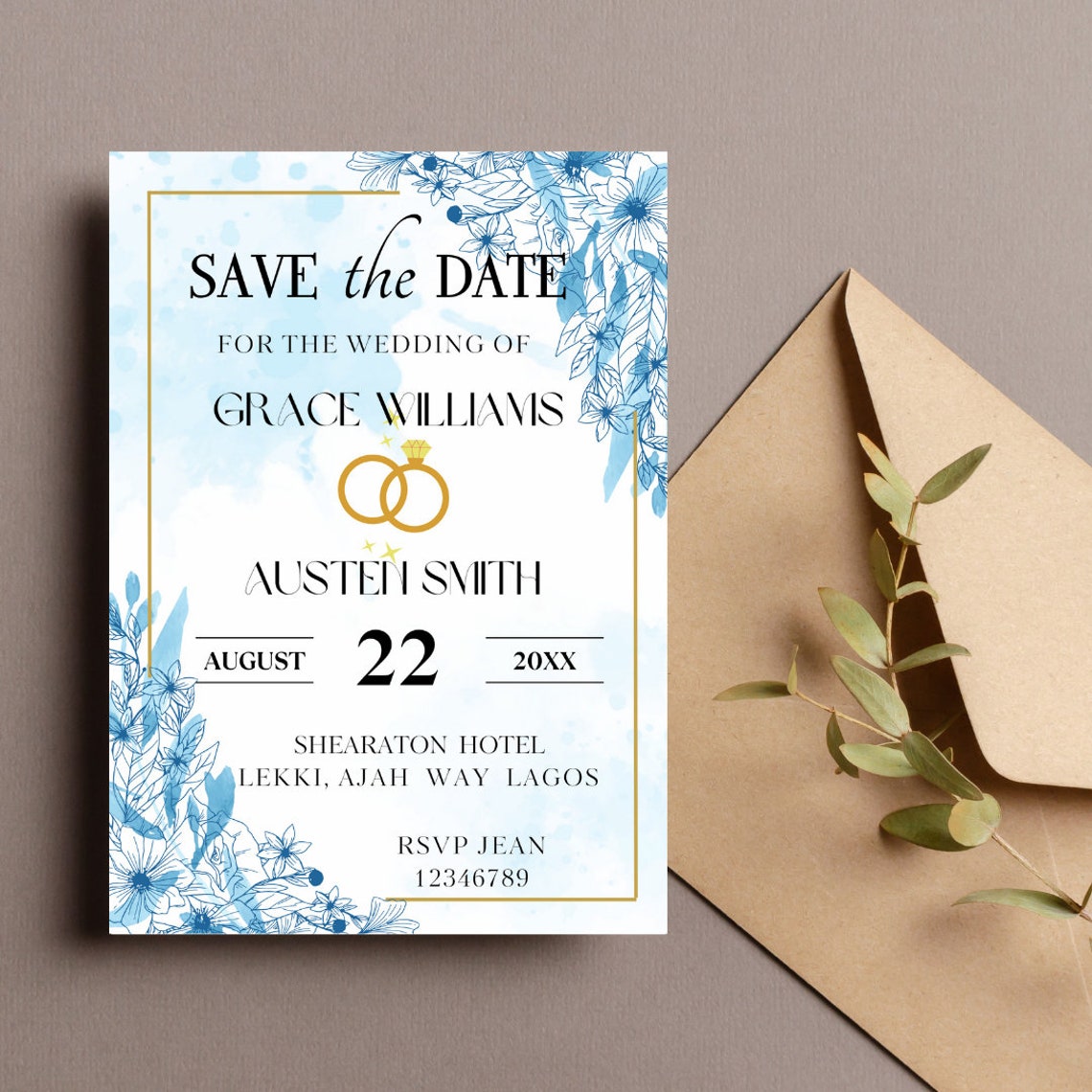 Blue Blush Wedding Invite, Baby Blue Bridal Invitation, Gold Border ...