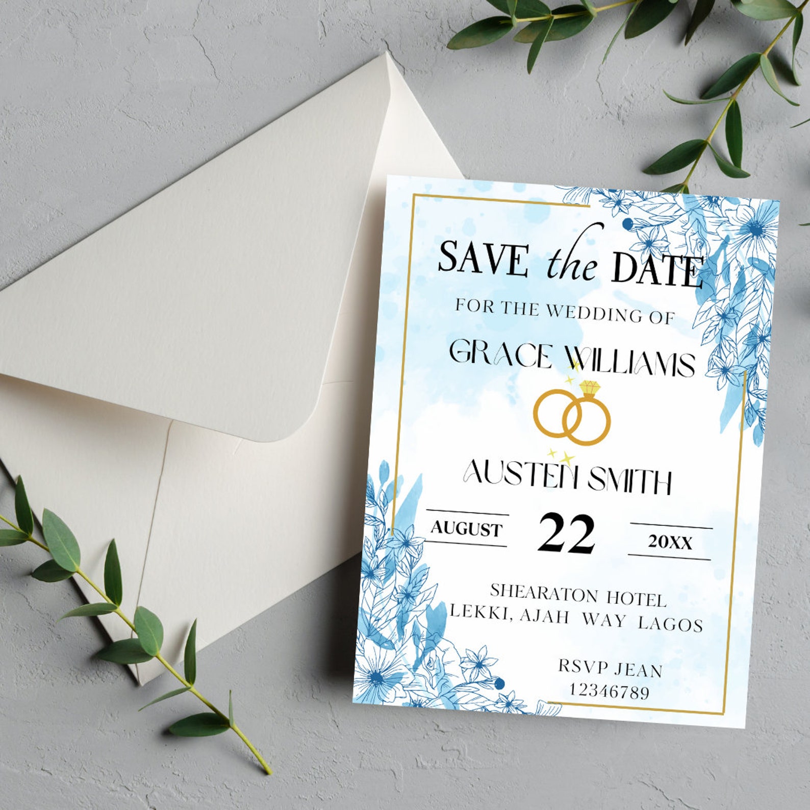 Blue Blush Wedding Invite, Baby Blue Bridal Invitation, Gold Border ...