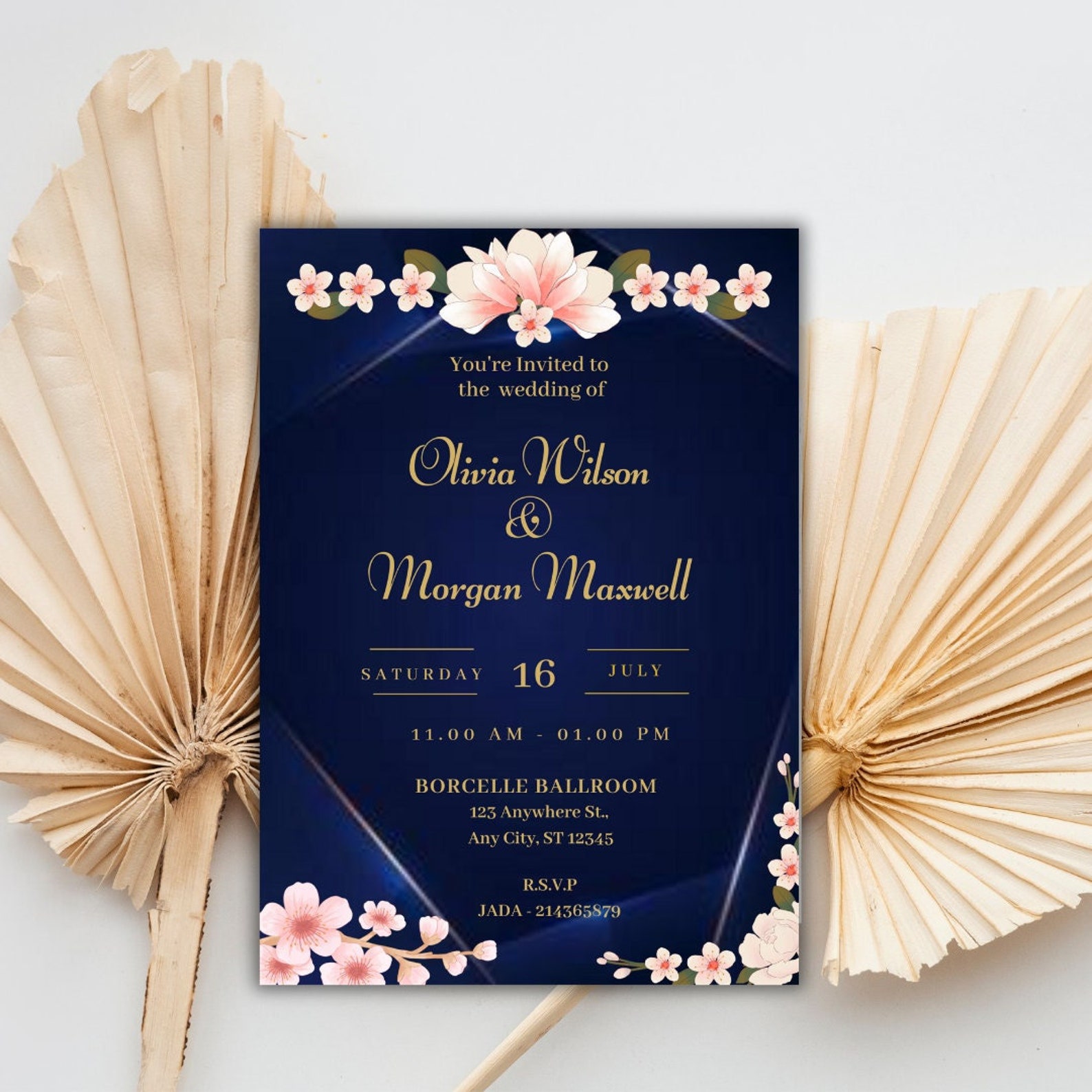 Vintage Navy Wedding Invitation Blue & Gold Floral Wedding Invite Blush ...