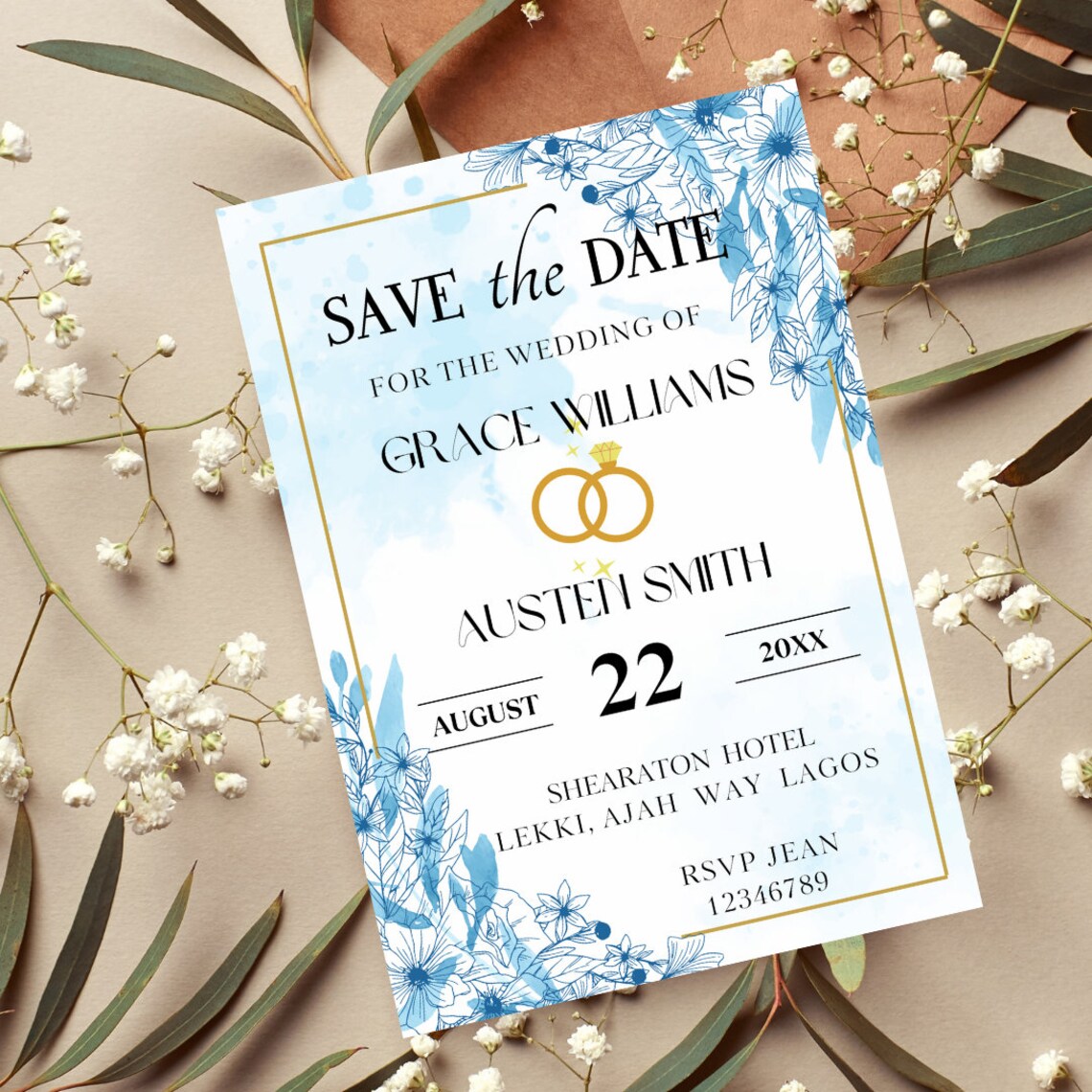 Blue Blush Wedding Invite, Baby Blue Bridal Invitation, Gold Border ...