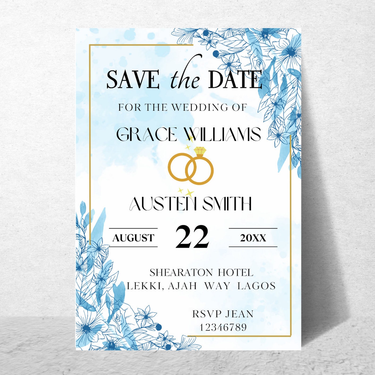 Blue Blush Wedding Invite, Baby Blue Bridal Invitation, Gold Border ...
