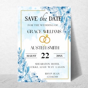 Blue Blush Wedding Invite, Baby Blue Bridal Invitation, Gold Border ...