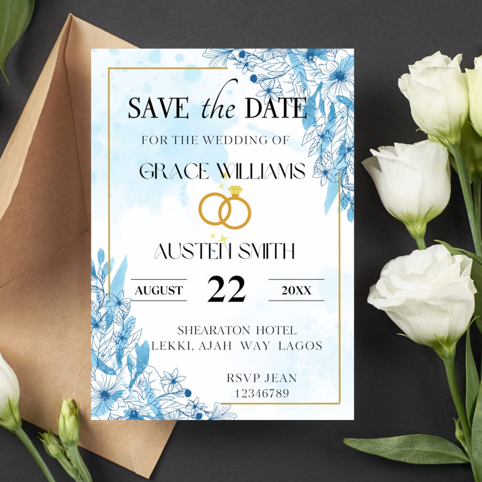 Blue Blush Wedding Invite, Baby Blue Bridal Invitation, Gold Border ...