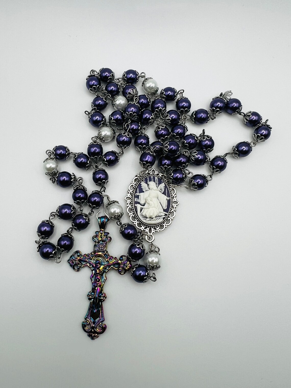 Hand Crafted Purple Rosary, Guardian Angel Centerpiece. European Glass ...