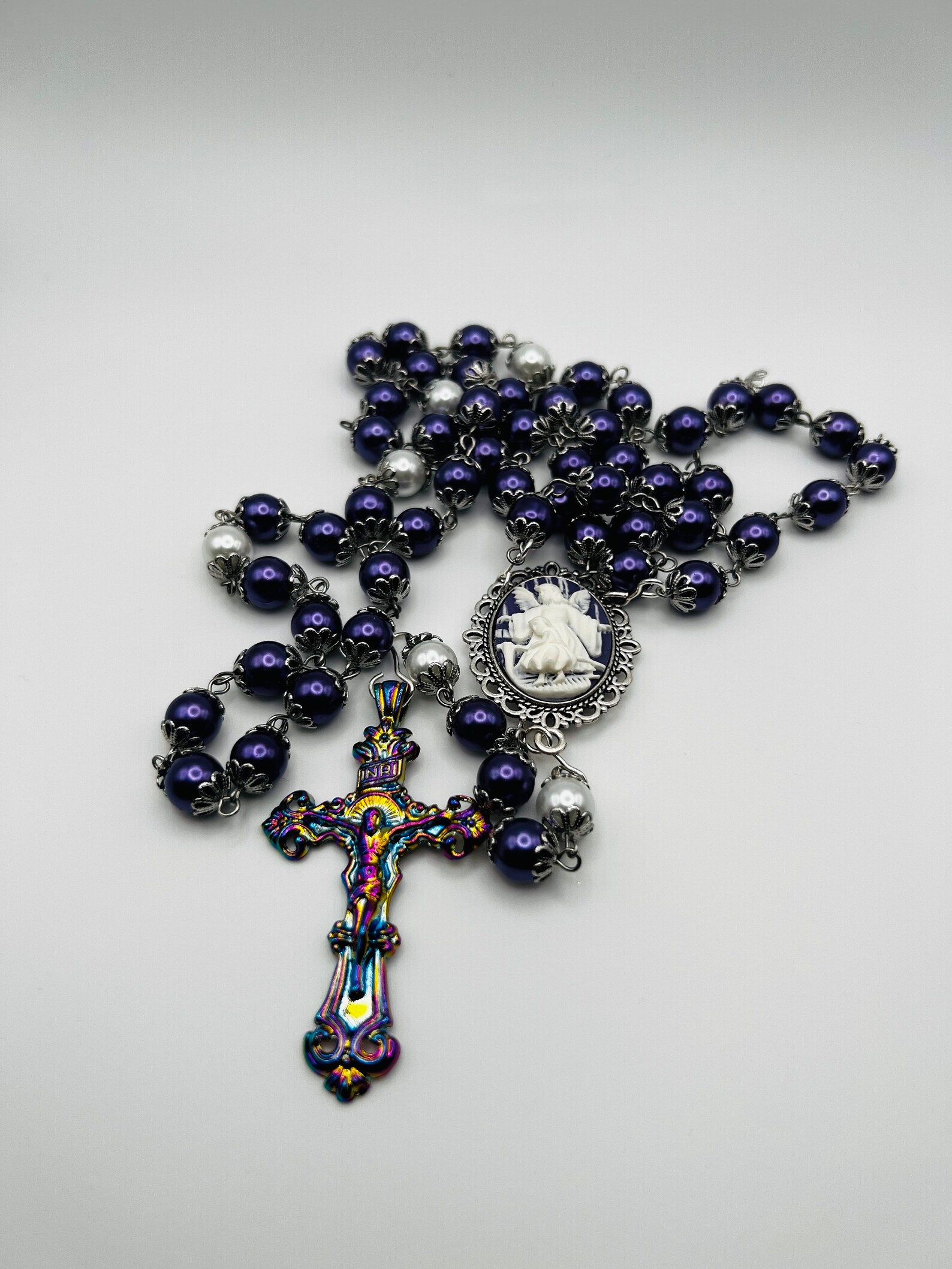 Hand Crafted Purple Rosary, Guardian Angel Centerpiece. European Glass ...