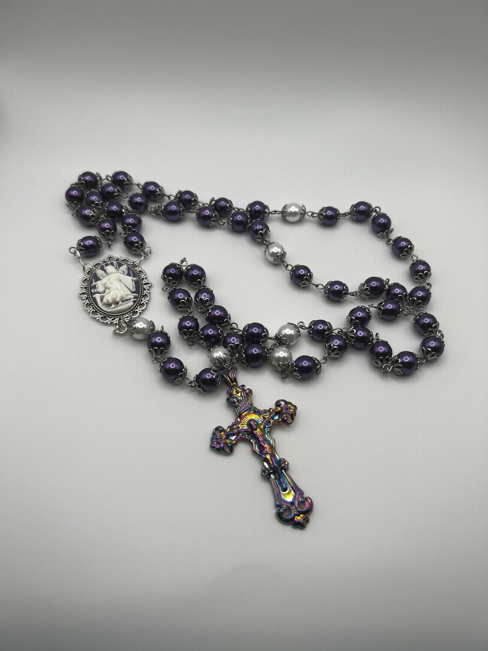 Hand Crafted Purple Rosary, Guardian Angel Centerpiece. European Glass ...