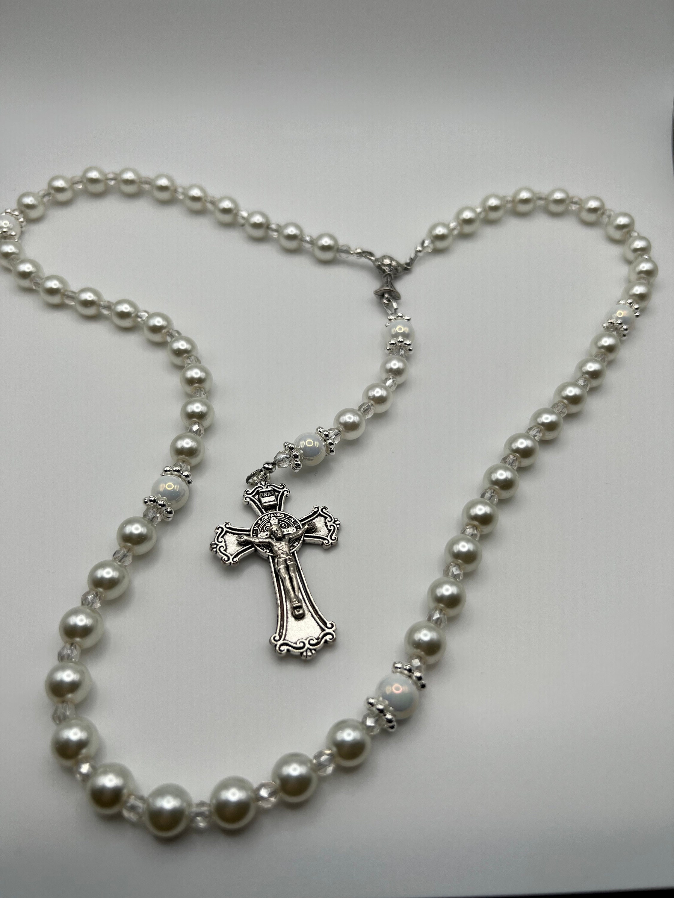 Hand Crafted First Communion Rosary, Gorgeous Holy Chalice Centerpiece. European Glass Pearl ...