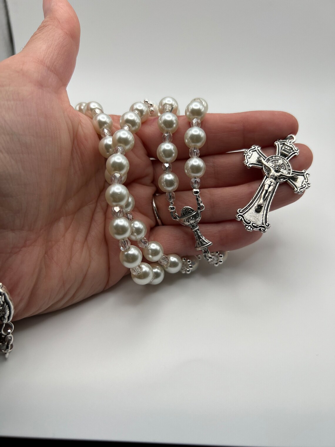 Hand Crafted First Communion Rosary, Gorgeous Holy Chalice Centerpiece. European Glass Pearl ...